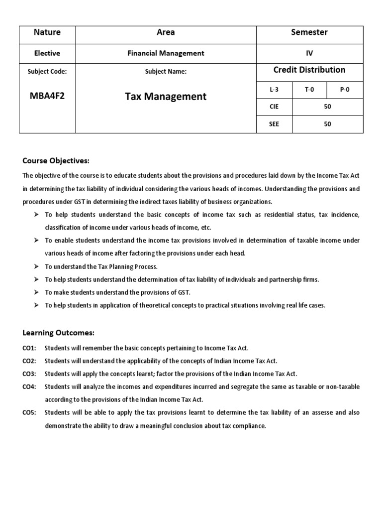 Tax Management Syllabus | PDF | Tax Avoidance | Tax Deduction