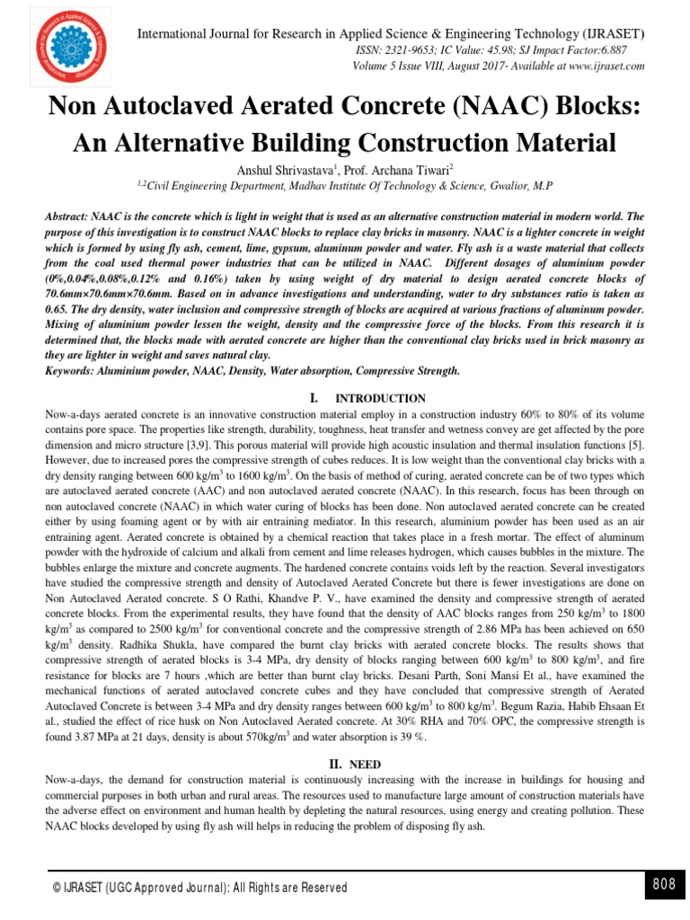 Non-Autoclaved Aerated Concrete (NAAC) Blocks: An Alternative Building ...