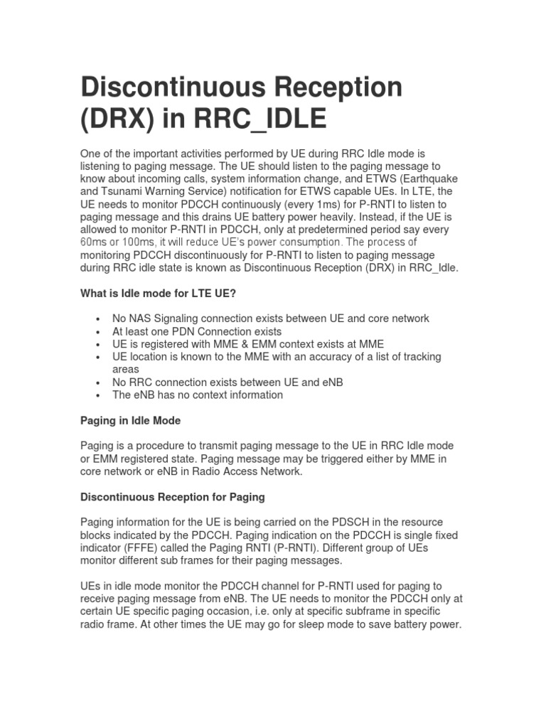 Discontinuous Reception (DRX) in RRC - Idle: What Is Idle Mode For LTE UE? | PDF | Sequence ...