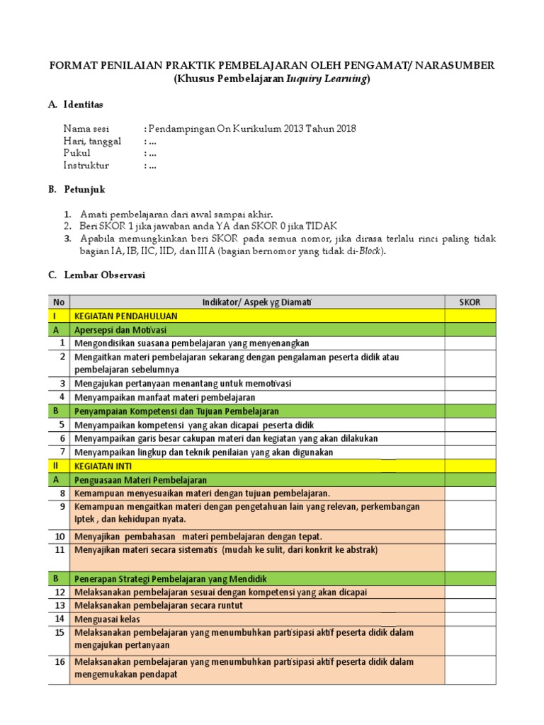 IL Pengamatan Praktik Pembelajaran - Inquiry Learning - Pengamat Dan Instruktur | PDF