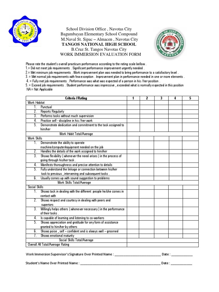Work Immersion Evaluation Form | PDF | Change | Applied Psychology