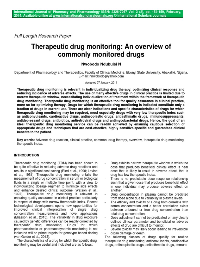 Therapeutic Drug Monitoring: An Overview of Commonly Monitored Drugs ...