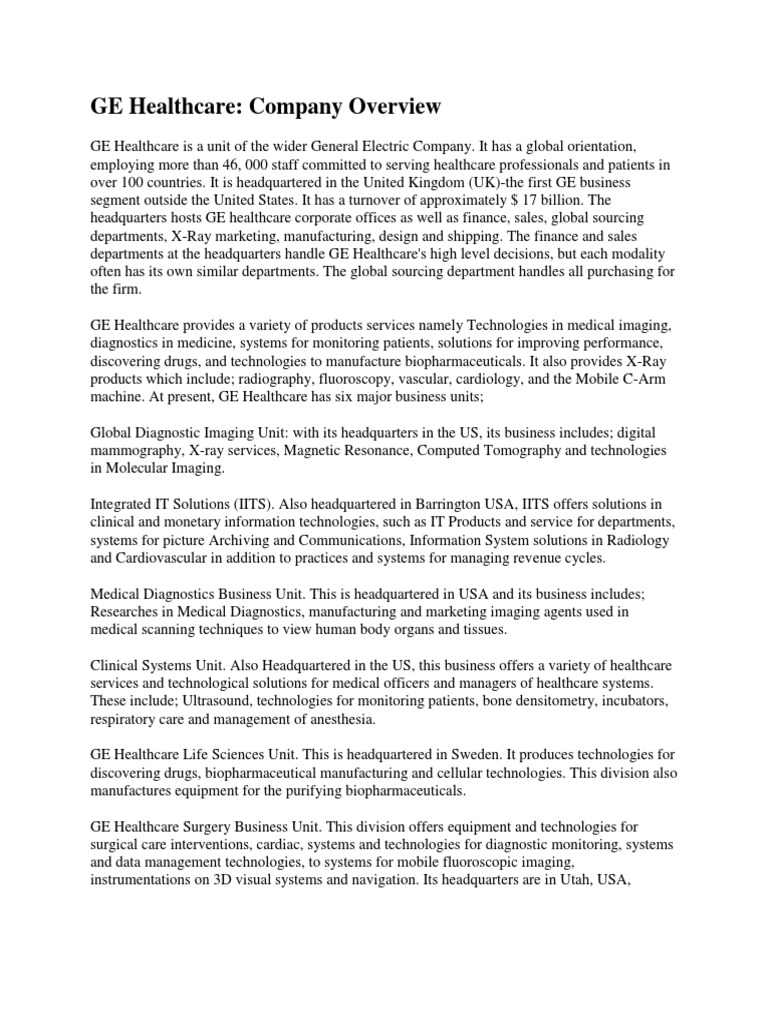 GE Healthcare: Company Overview | PDF | Medical Imaging | General Electric