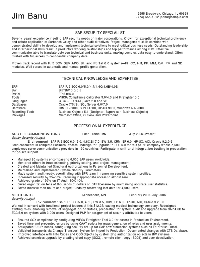SAP Security Specialist Resume | PDF | Oracle Database | Information ...