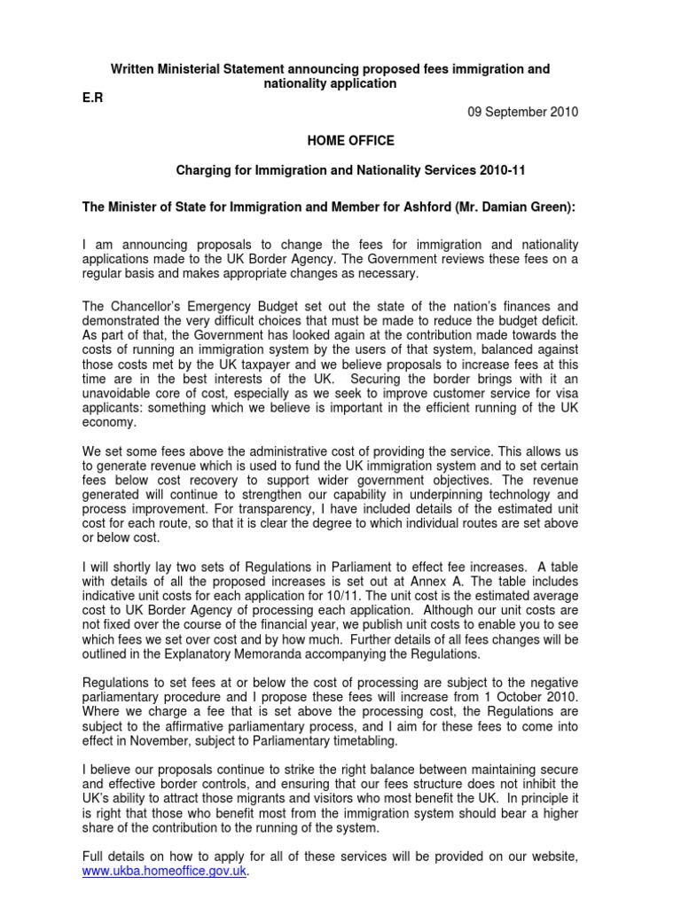 Written Ministerial Statement Announcing Proposed Fees Immigration and ...