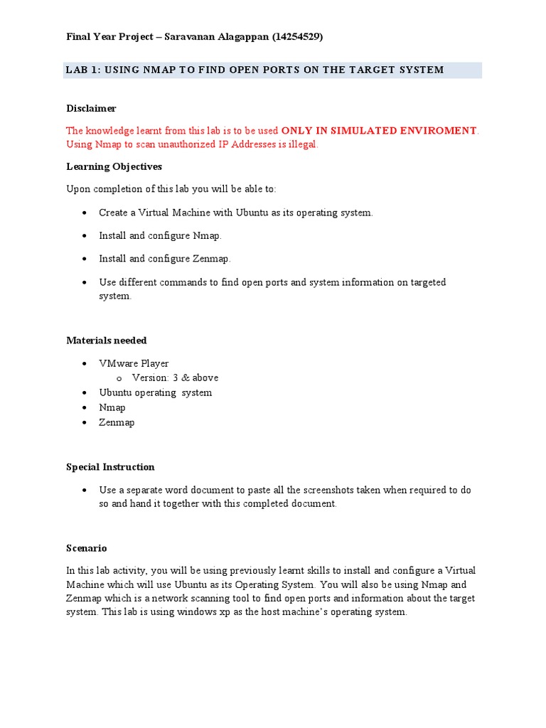 The Knowledge Learnt From This Lab Is To Be Used Only In Simulated Enviroment Using Nmap To