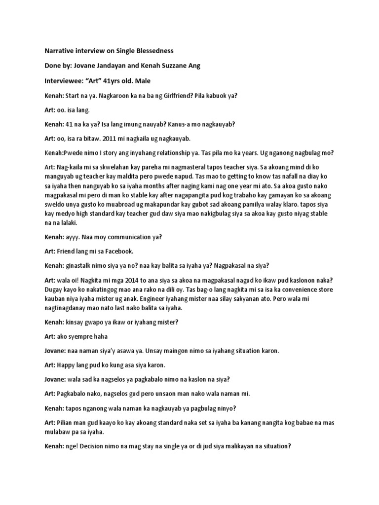 Narrative Interview On Single Blessedness | PDF