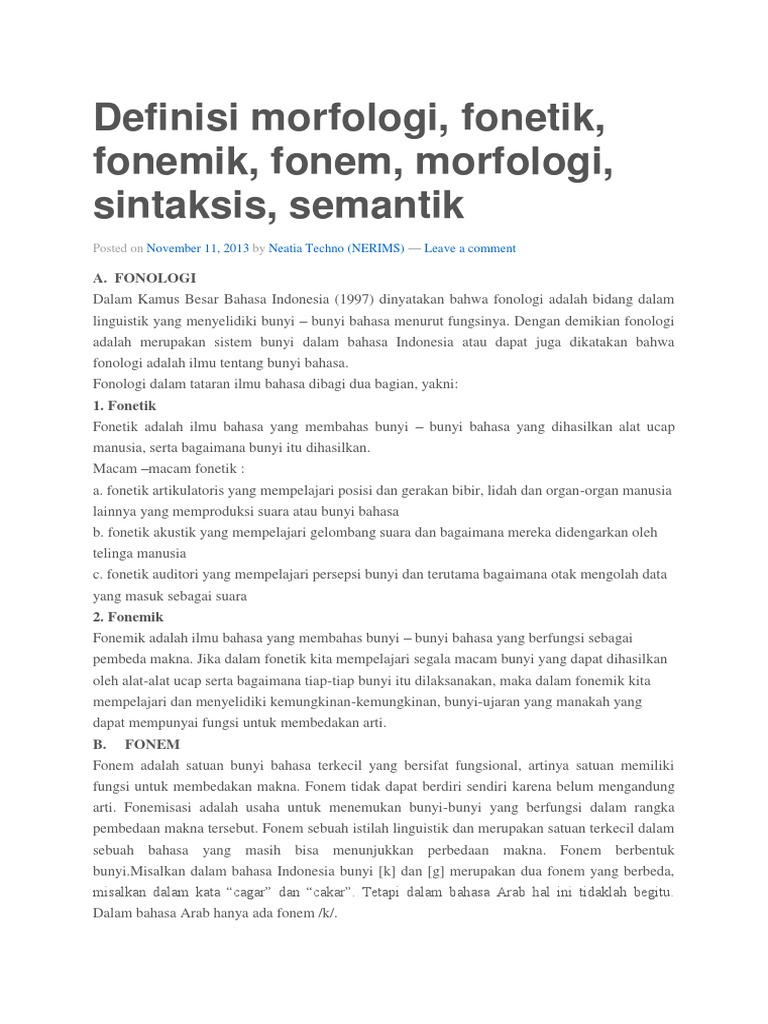 Definisi Morfologi Fonetik Fonemik Fonem | PDF
