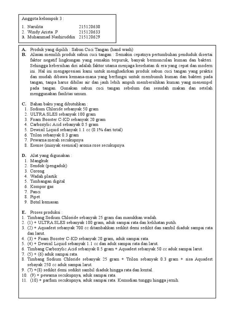 Proposal Pembuatan Sabun Cuci Tangan | PDF
