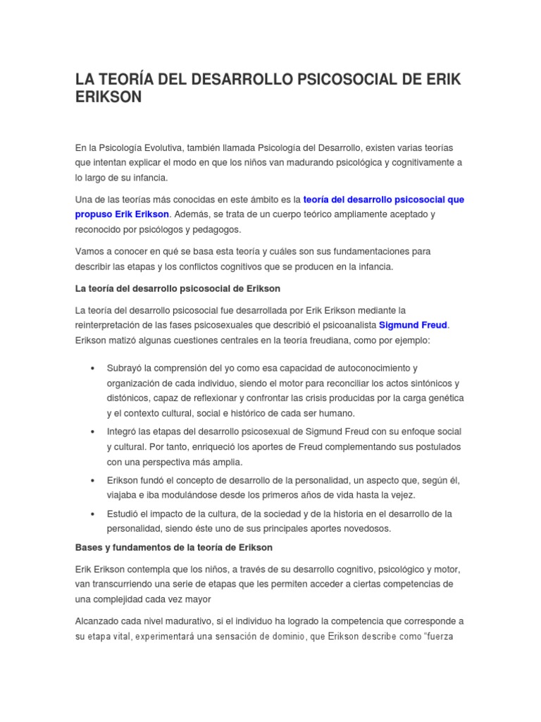 La Teoría Del Desarrollo Psicosocial de Erik Erikson | PDF | Psicoanálisis | Carné de identidad
