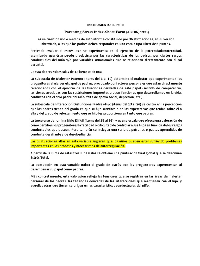 Cuestionario PSI-SF sobre Estrés Parental | PDF
