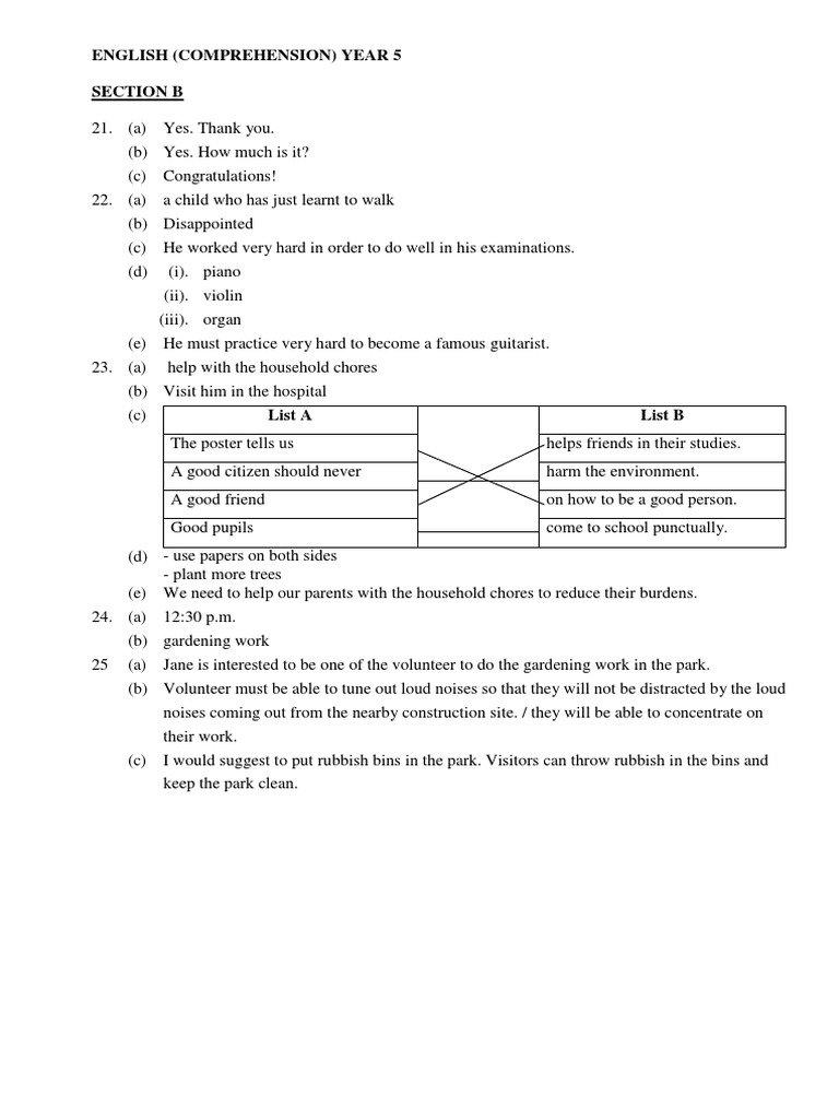 English (Comprehension) Year 5 Section B | PDF
