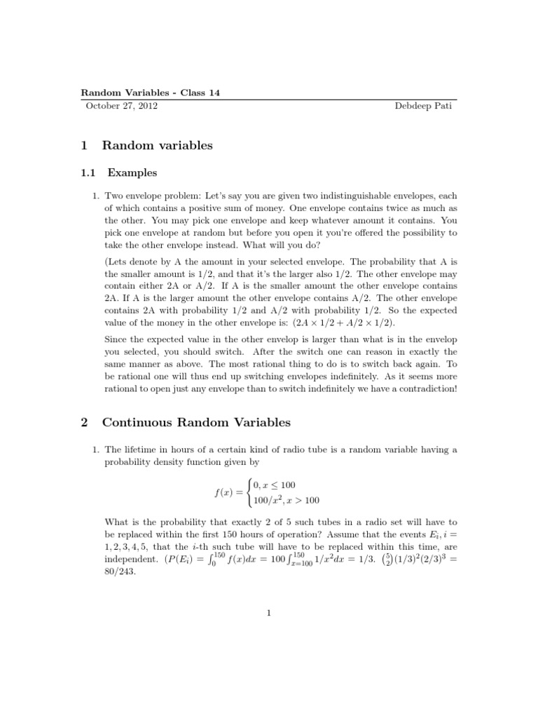 1 Random Variables: 1.1 Examples | PDF | Probability Density Function | Scientific Theories