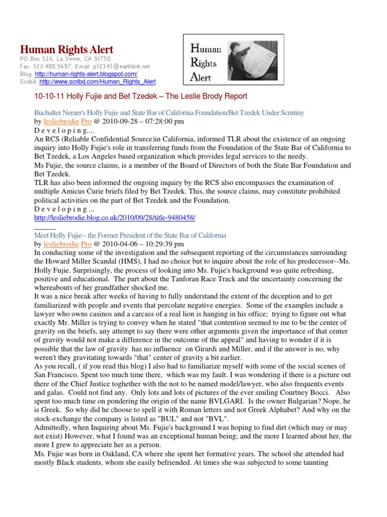 Human Rights Alert: 10-10-11 Holly Fujie and Bet Tzedek - The Leslie Brody Report | PDF | Judge ...