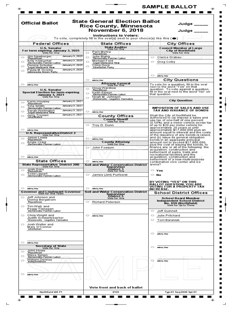 Sample Northfield Ballot, Provided By: Office of The Secretary of State ...