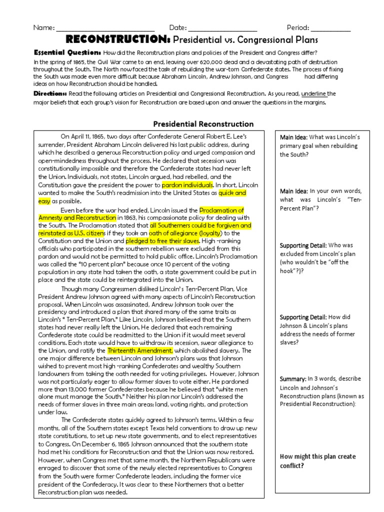 Reconstruction:: Presidential vs. Congressional Plans | PDF ...