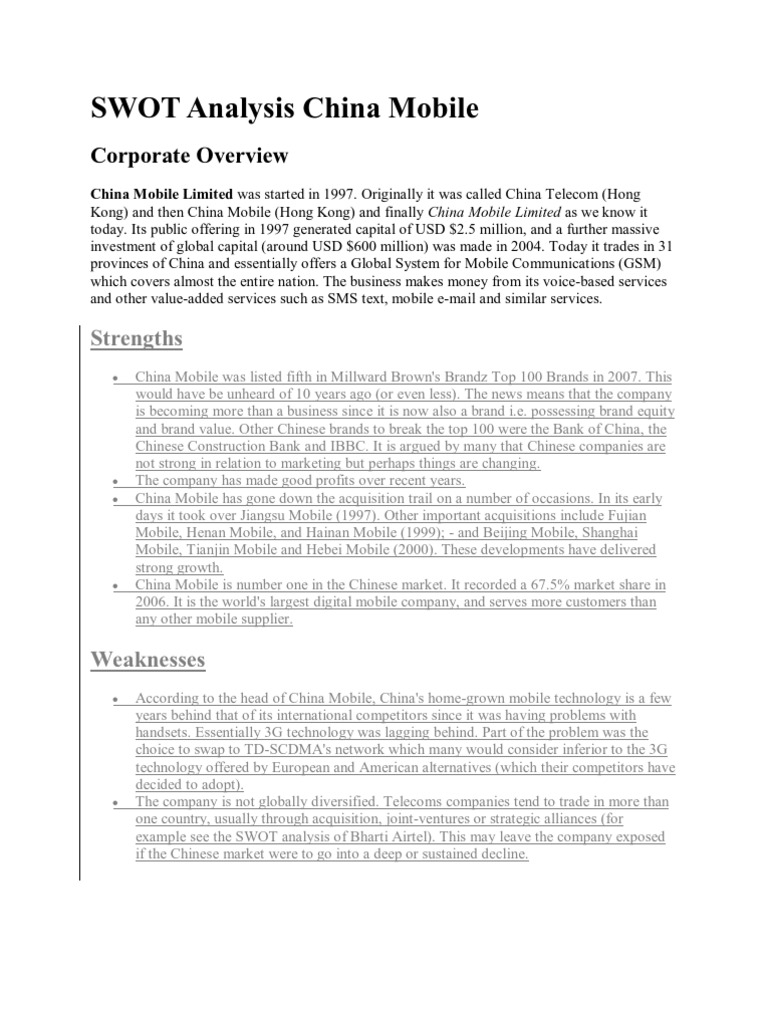 SWOT Analysis China Mobile | PDF