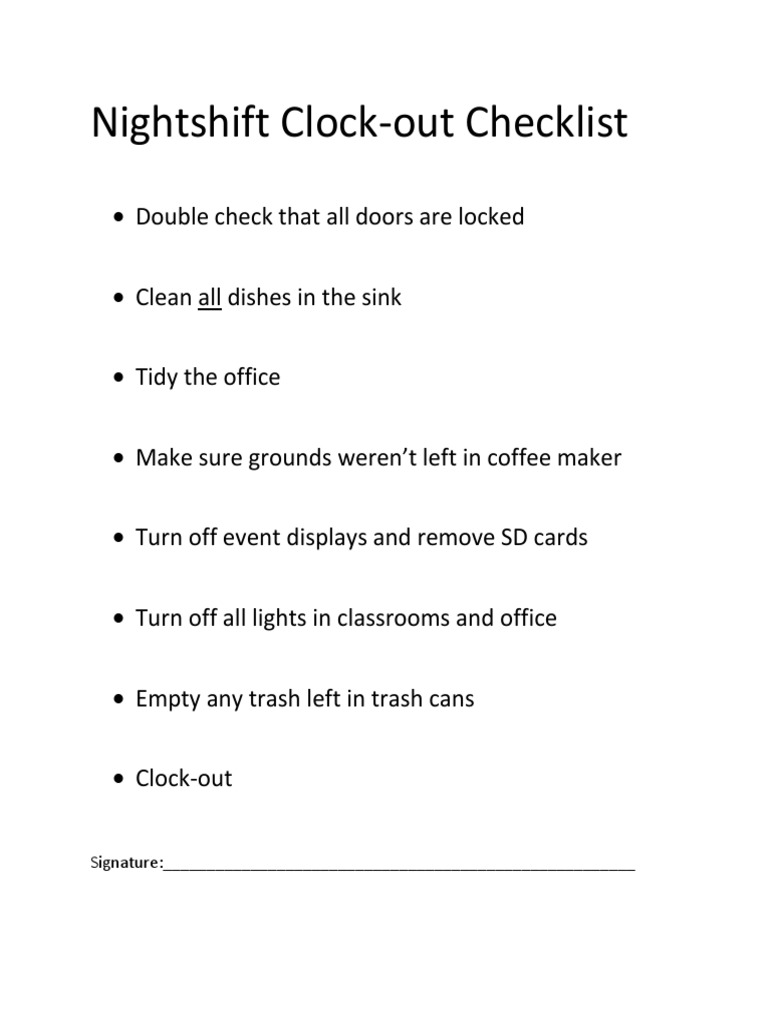 Nightshift Checklist | PDF