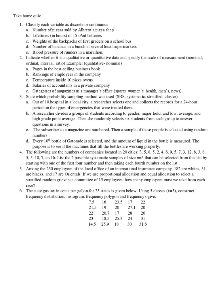 Take Home Quiz | PDF | Level Of Measurement | Sampling (Statistics)