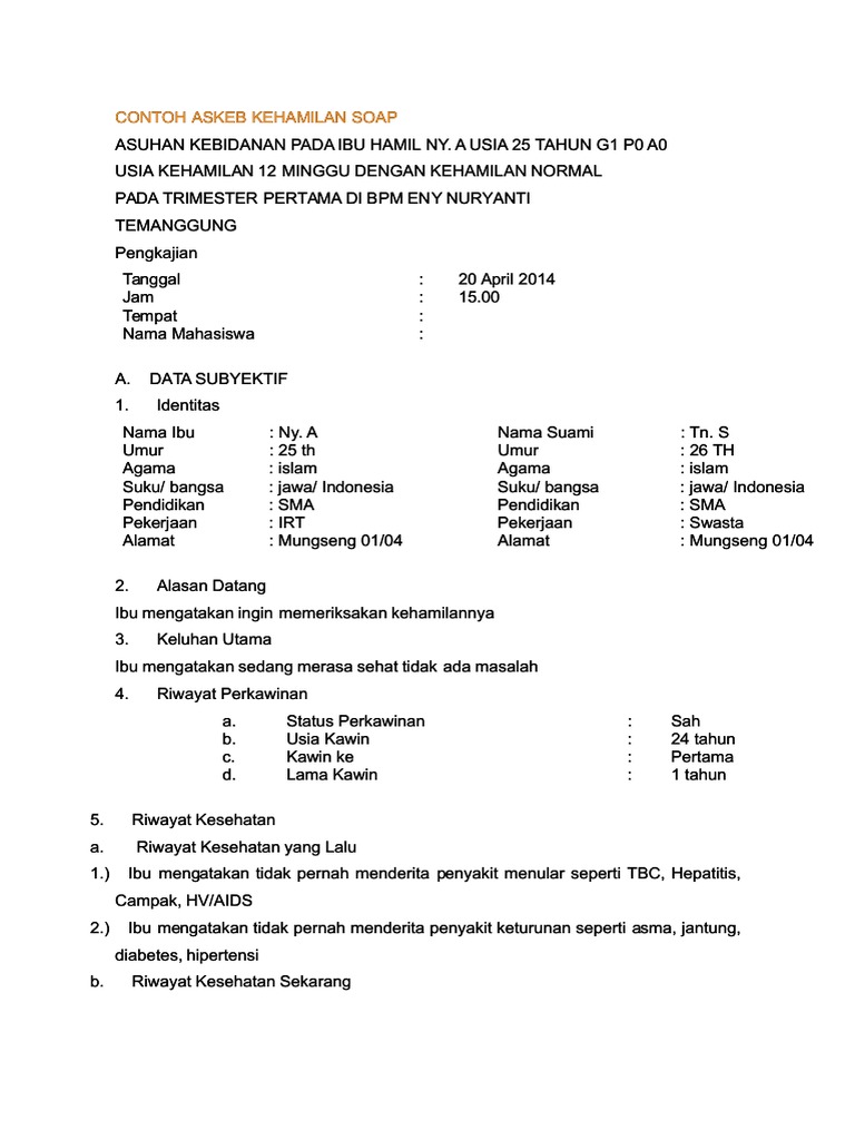 Contoh SOAP Asuhan Kehamilan | PDF