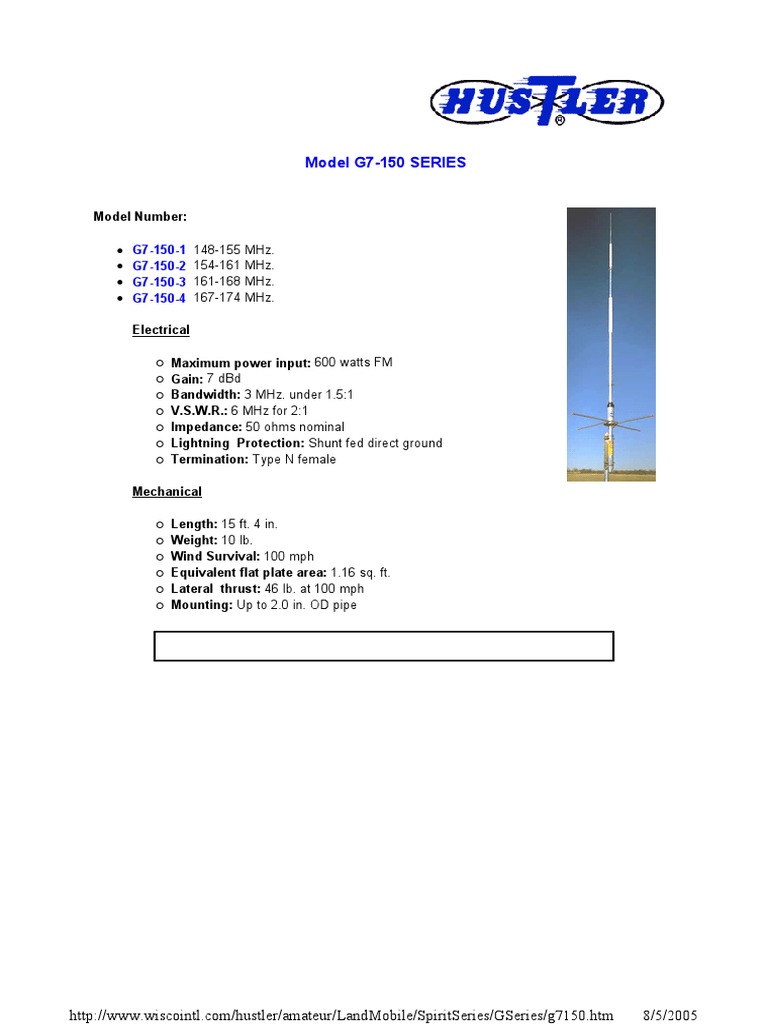Specifications and Technical Details of the Hustler Model G7-150 Series Broadcast Antennas for ...