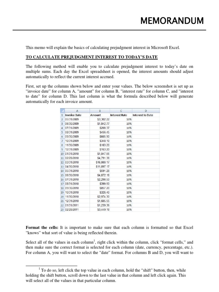 Memo On Calculating Prejudgment Interest in Excel | PDF | Spreadsheet ...