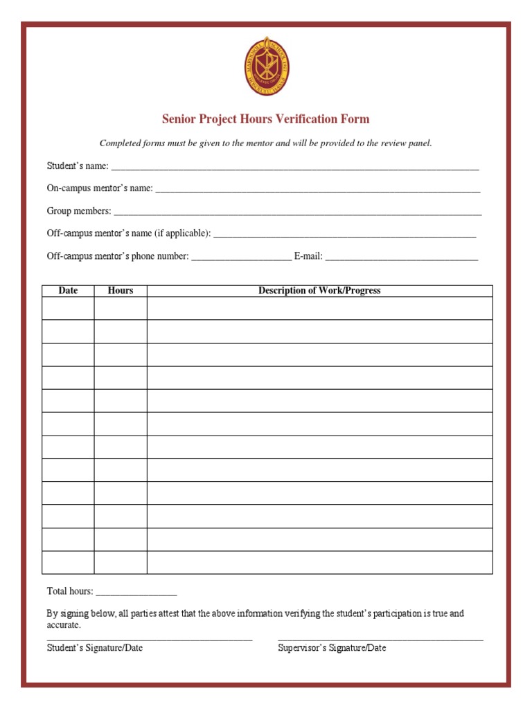 Senior Project Hours Verification Form | PDF