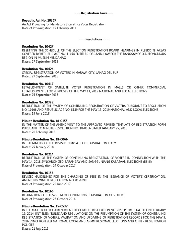 COMELEC Registration Laws and Resolutions | PDF | Public Law | Social ...