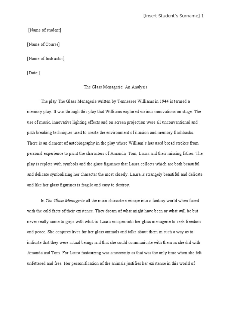 The Glass Menagerie Analysis of Williams' Play | PDF