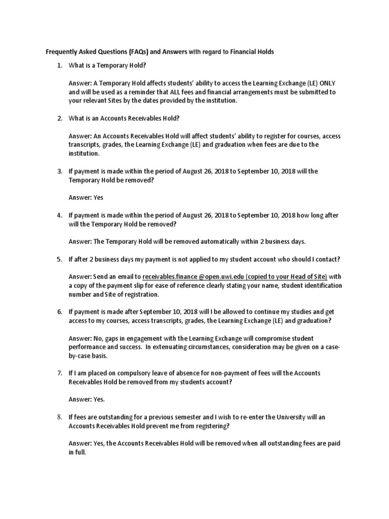 Frequently Asked Questions (Faqs) and Answers Financial Holds | PDF
