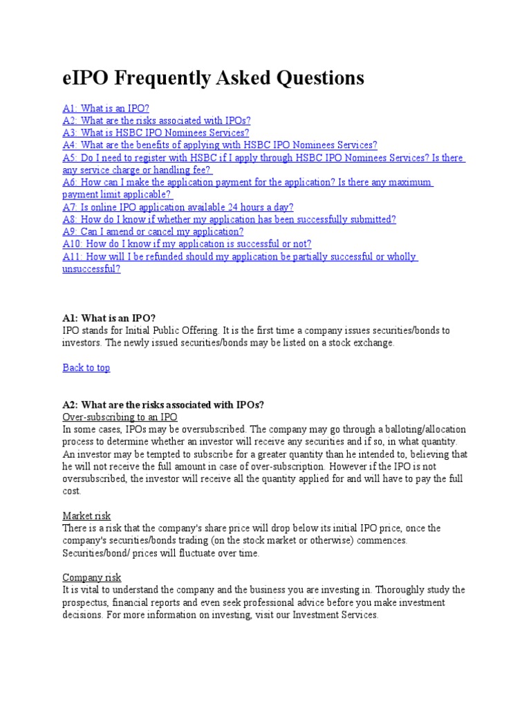 eIPO Frequently Asked Questions | PDF | Equity (Finance) | Initial ...
