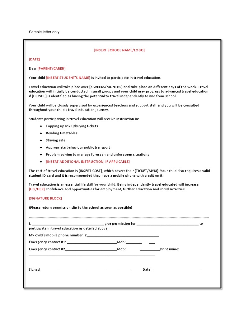 Sample Permission Letter to Parents
