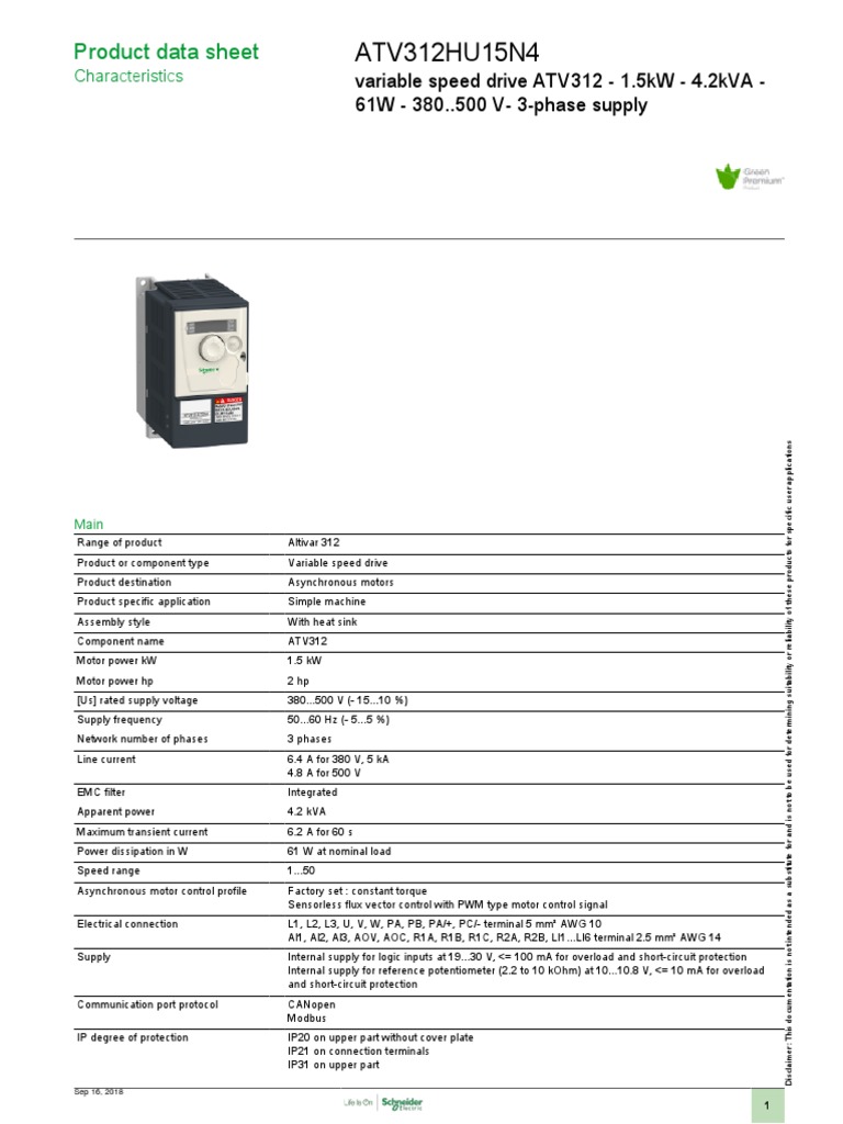 Product Data Sheet for the ATV312HU15N4 Variable Speed Drive for ...