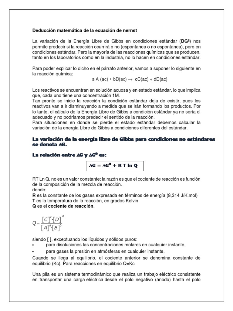 Deducción de La Ecuación de Nernst | PDF | Reacciones químicas ... Deducción de La Ecuación de Nernst | PDF | Reacciones químicas ...