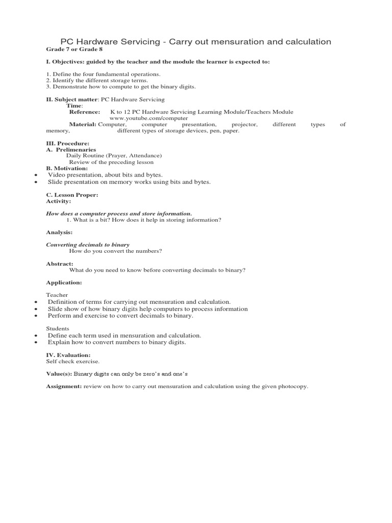 PC Hardware Servicing - Carry Out Mensuration and Calculation | PDF