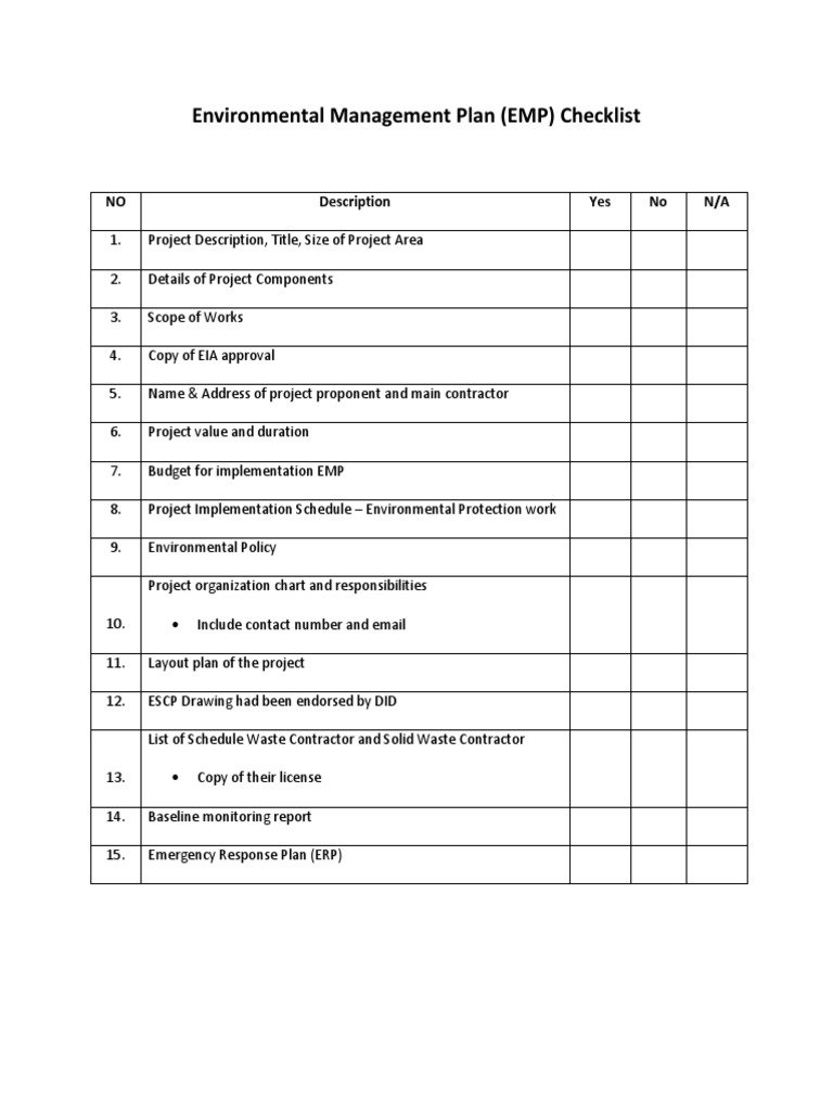 Environmental Management Plan (EMP) Checklist: NO Description Yes No N ...