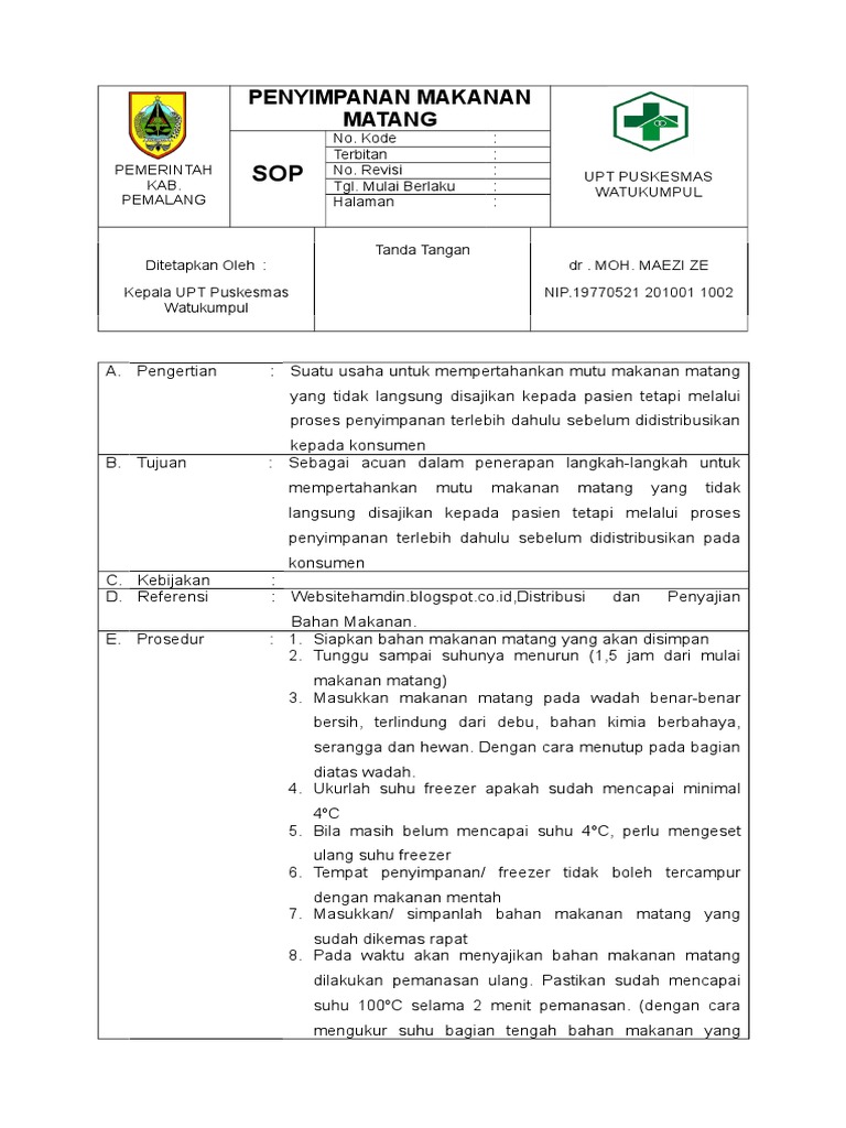 Sop Penyimpanan Makanan Matang | PDF