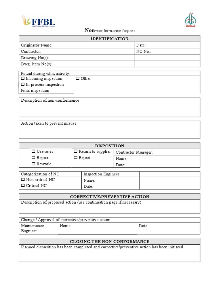 Non Conformance Report Word Template | PDF
