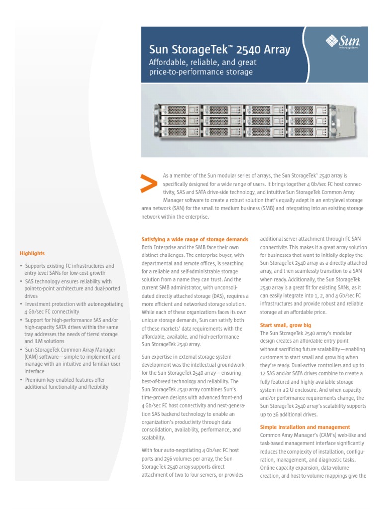 Sun StorageTek™ 2540 Array | PDF | Backup | Windows Server 2003
