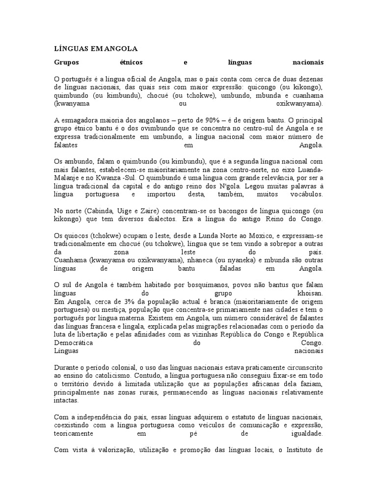 Línguas em Angola | PDF | Angola | Portugal