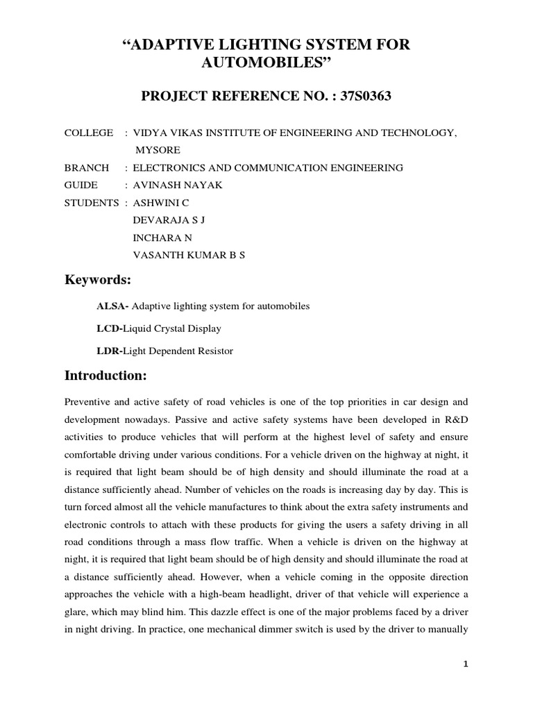 "Adaptive Lighting System For Automobiles": Project Reference No ...