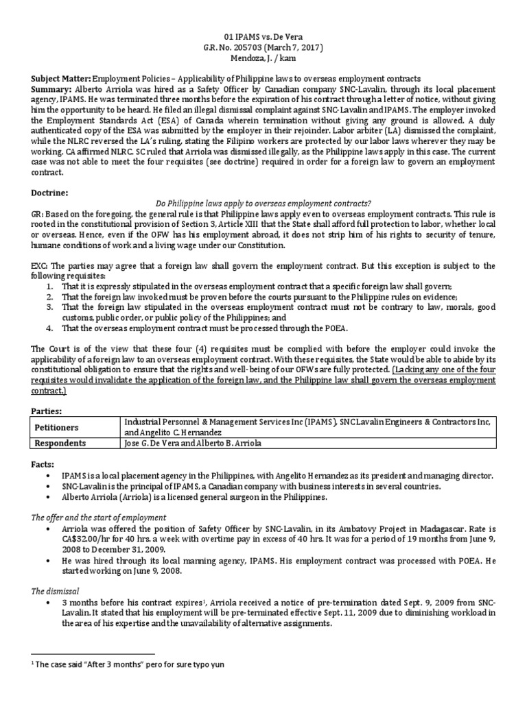 Ipams Vs De Vera Digest Pdf Employment Public Policy Doctrine