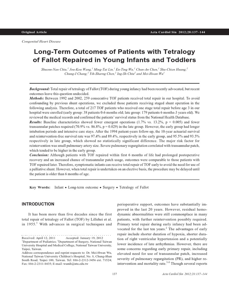Long-Term Outcomes of Patients With Tetralogy of Fallot Repaired in Young Infants and Toddlers ...