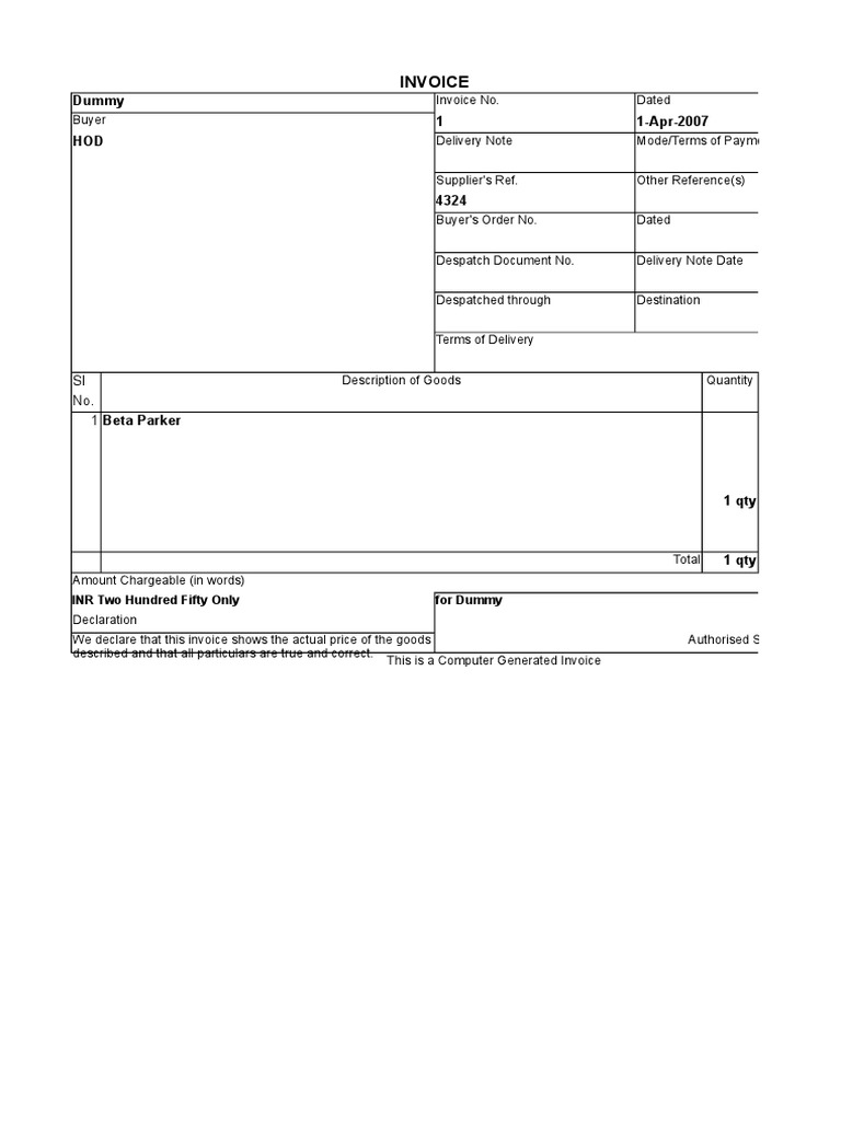 Invoice: Dummy 1 1-Apr-2007 HOD | Download Free PDF | Invoice | Business