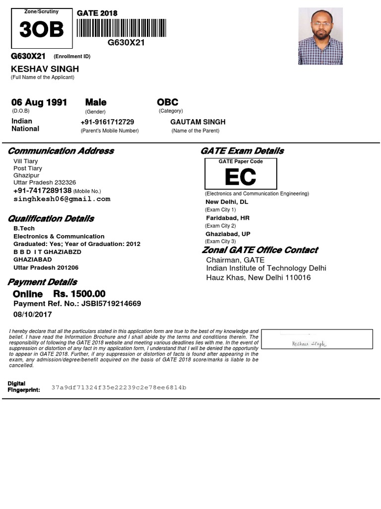 06 Aug 1991 Male OBC Communication Address GATE Exam Details PDF