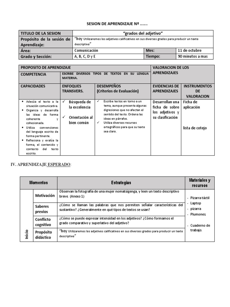 Sesion Apredizaje Sobre Grados Del Adjetivos | PDF | Adjetivo | Aprendizaje