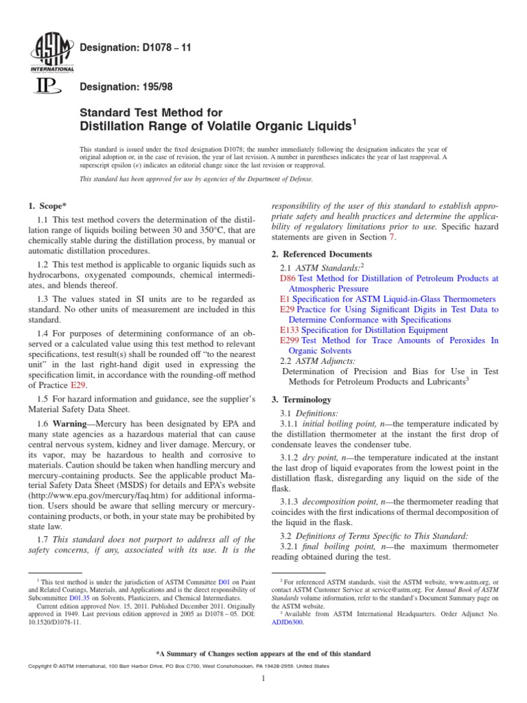 D1078-11 Standard Test Method For Distillation Range of Volatile ...