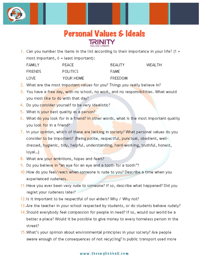 TRINITY ISE II - SPEAKING - Conversation Task - Personal Values and ...