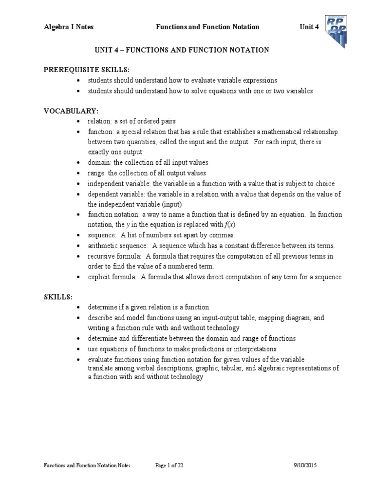 Algebra I Notes Functions and Function Notation Unit 4 Unit 4 ...