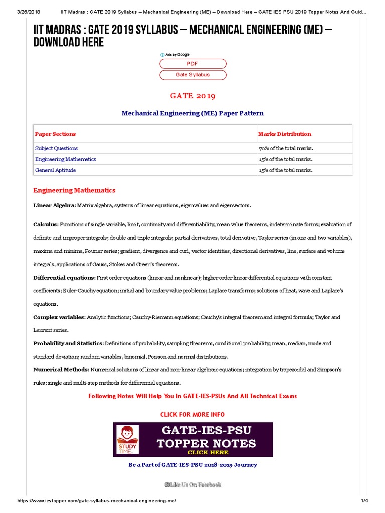 IIT Madras - GATE 2019 Syllabus - Mechanical Engineering (ME ...